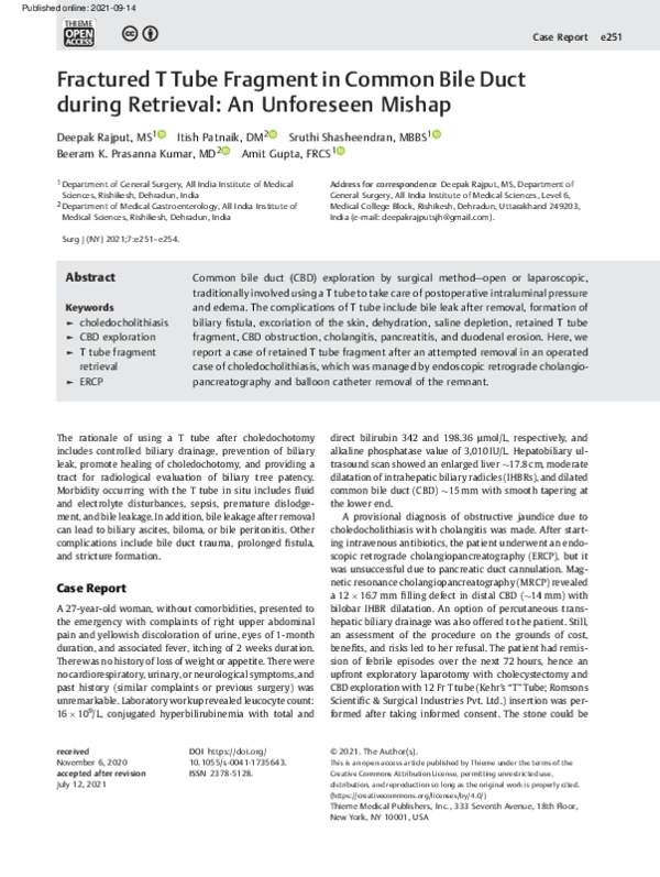 (PDF) Fractured T Tube Fragment in Common Bile Duct during Retrieval ...