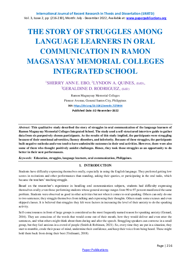 (PDF) The Story of Struggles Among Language Learners in Oral ...