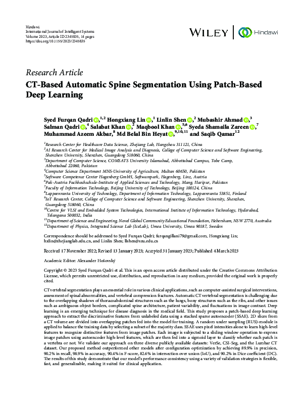 Pdf Ct Based Automatic Spine Segmentation Using Patch Based Deep Learning Mubashir Ahmad