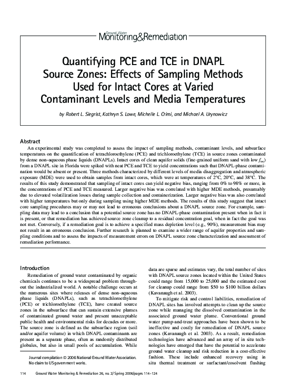 (PDF) Quantifying PCE and TCE in DNAPL Source Zones: Effects of Sampling Methods Used for Intact ...