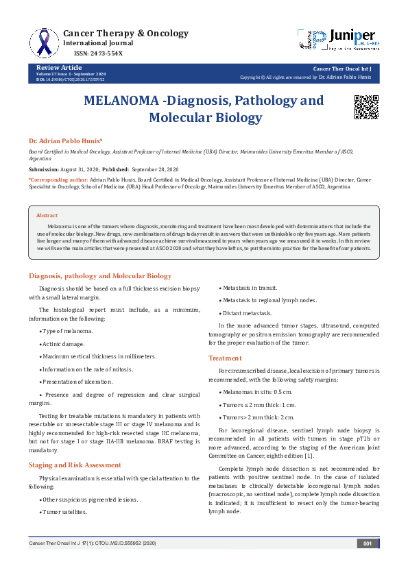 (PDF) MELANOMA -Diagnosis, Pathology and Molecular Biology