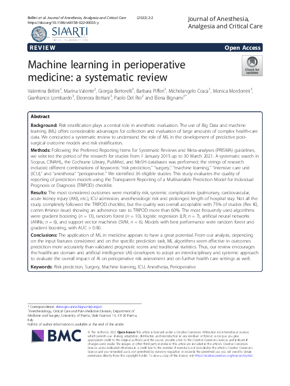 (PDF) Machine learning in perioperative medicine: a systematic review