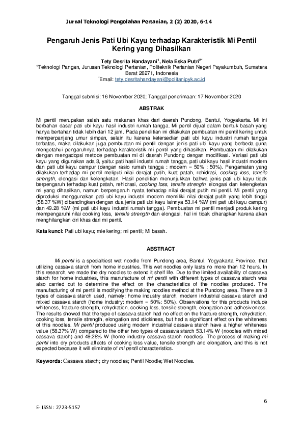 (PDF) Pengaruh Jenis Pati Ubi Kayu Terhadap Karakteristik Mi pentil ...