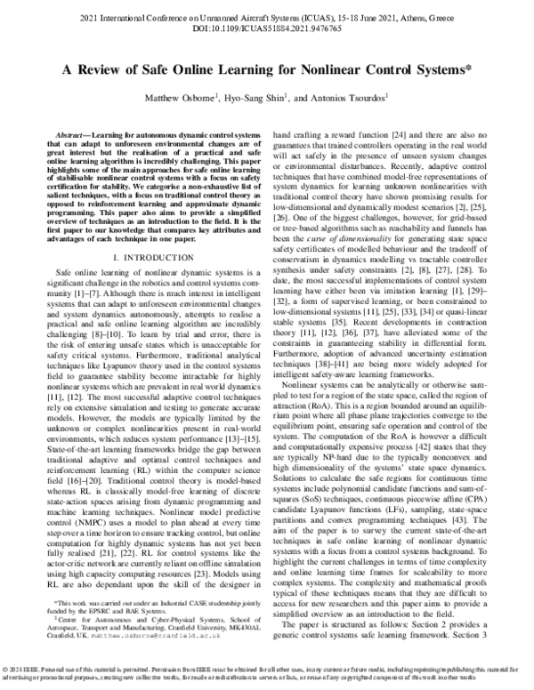 (PDF) A Review of Safe Online Learning for Nonlinear Control Systems