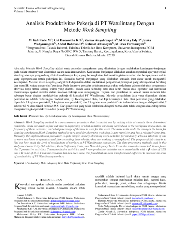 (PDF) Analisis Produktivitas Pekerja di PT Watulintang Dengan Metode Work Sampling (1)