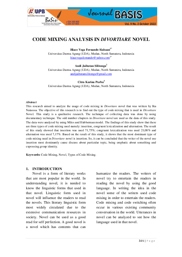 (PDF) Code Mixing Analysis in Divortiare Novel