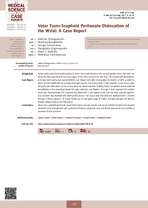 (PDF) Volar Trans-Scaphoid Perilunate Dislocation of the Wrist: A Case ...