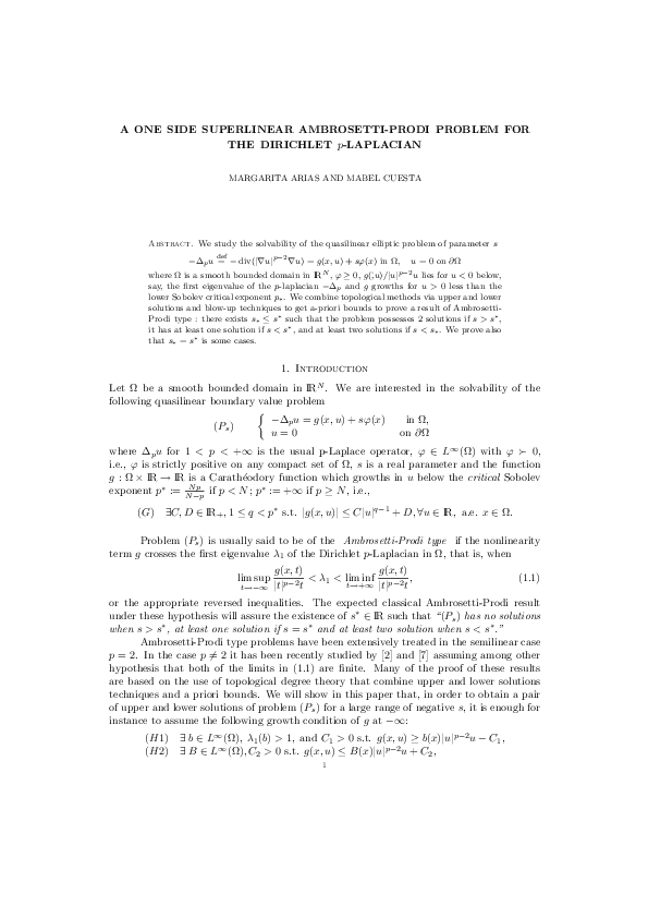 (PDF) A one side superlinear Ambrosetti–Prodi problem for the Dirichlet p-laplacian