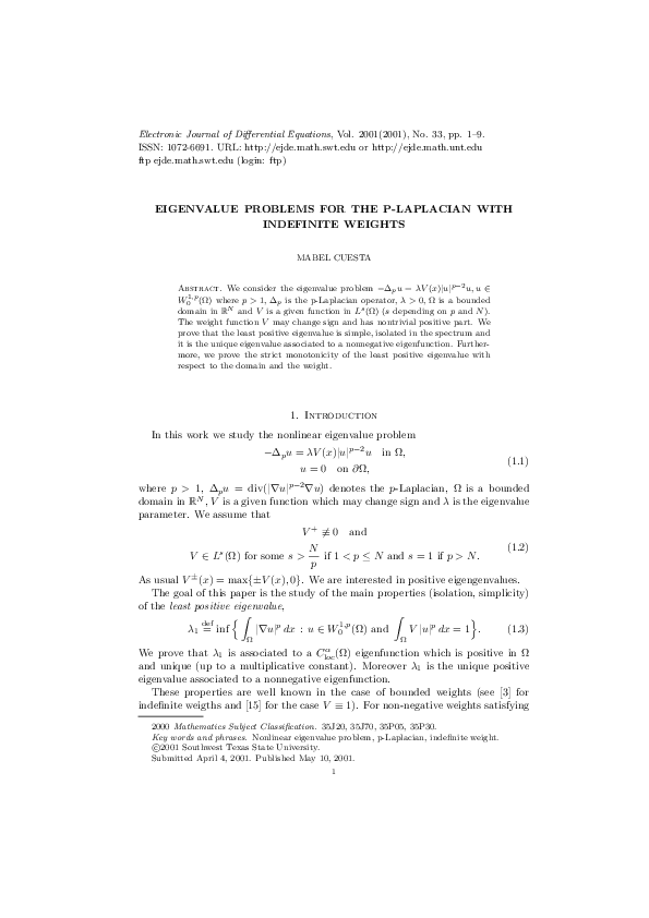 (PDF) Eigenvalue problems for the p-Laplacian with indefinite weights