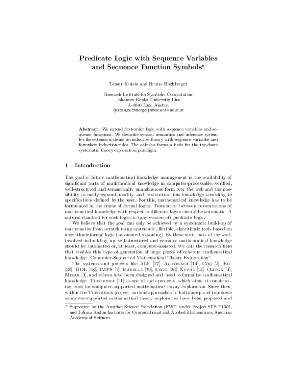 (PDF) Predicate Logic with Sequence Variables and Sequence Function Symbols
