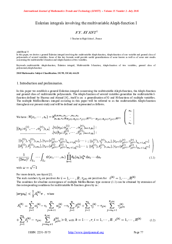 Pdf Eulerian Integrals Involving The Multivariable Aleph Function I Rms High School