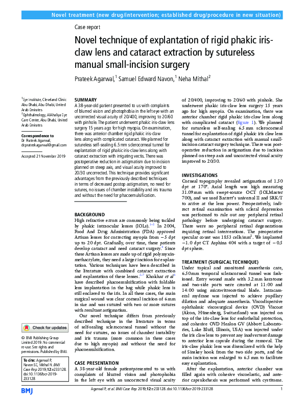 (PDF) Novel technique of explantation of rigid phakic iris-claw lens and cataract extraction by ...
