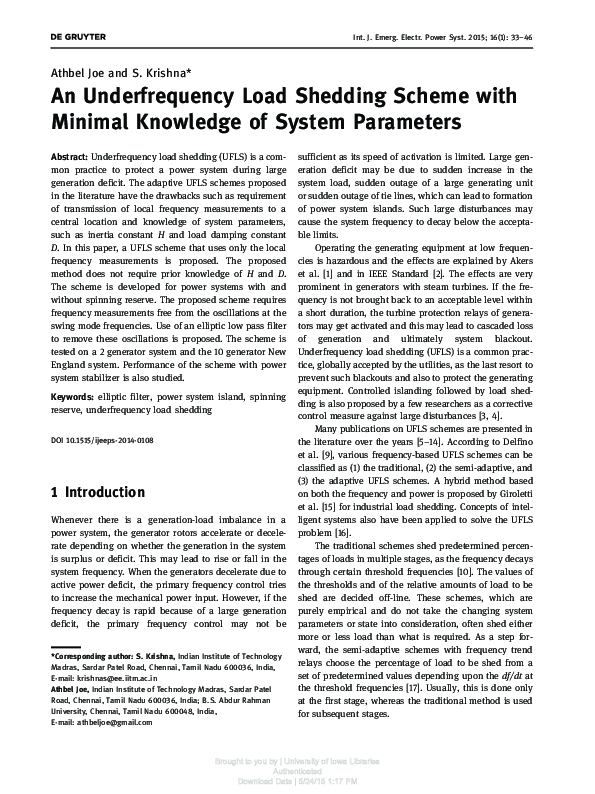 (PDF) An Underfrequency Load Shedding Scheme with Minimal Knowledge of System Parameters