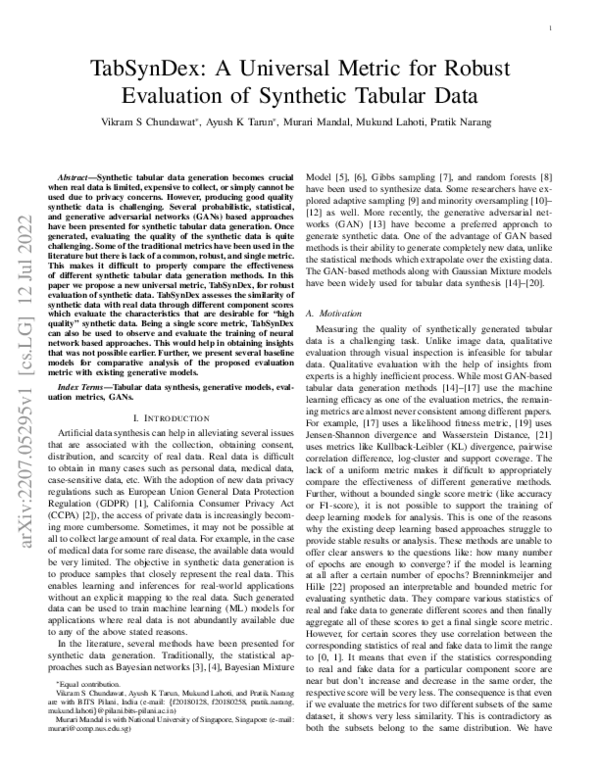 (PDF) TabSynDex: A Universal Metric for Robust Evaluation of Synthetic Tabular Data