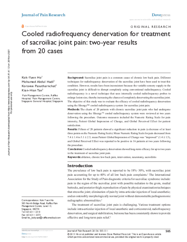 (PDF) Cooled radiofrequency denervation for treatment of sacroiliac ...