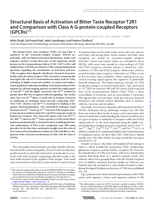 (PDF) Structural Basis of Activation of Bitter Taste Receptor T2R1 and ...