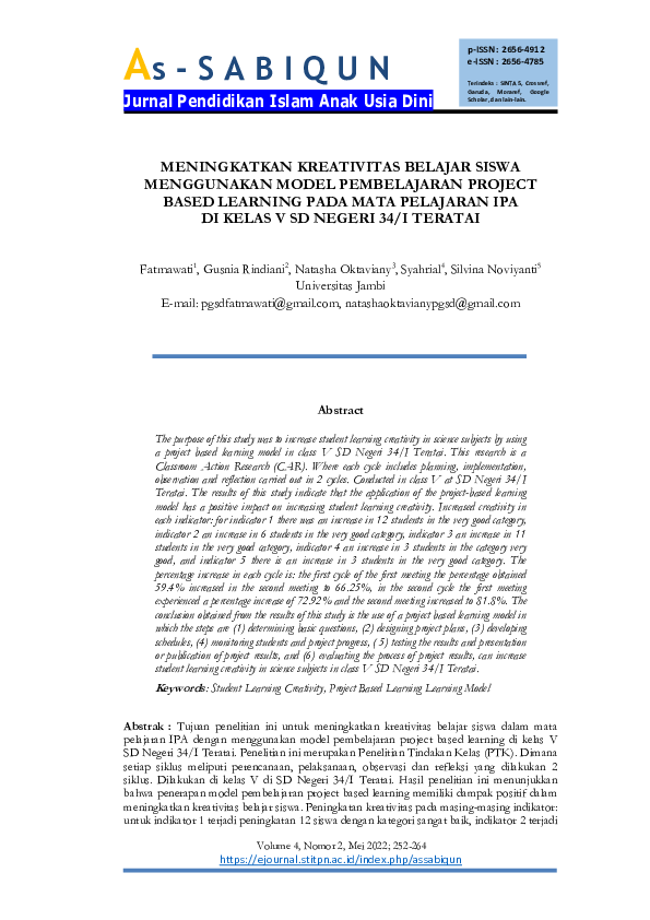 Pdf Meningkatkan Kreativitas Belajar Siswa Menggunakan Model Pembelajaran Project Based