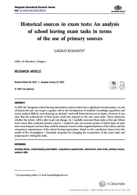 (PDF) Historical sources in exam tests: An analysis of school leaving ...