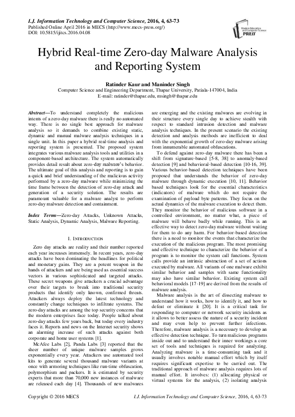 (PDF) Hybrid Real-time Zero-day Malware Analysis and Reporting System