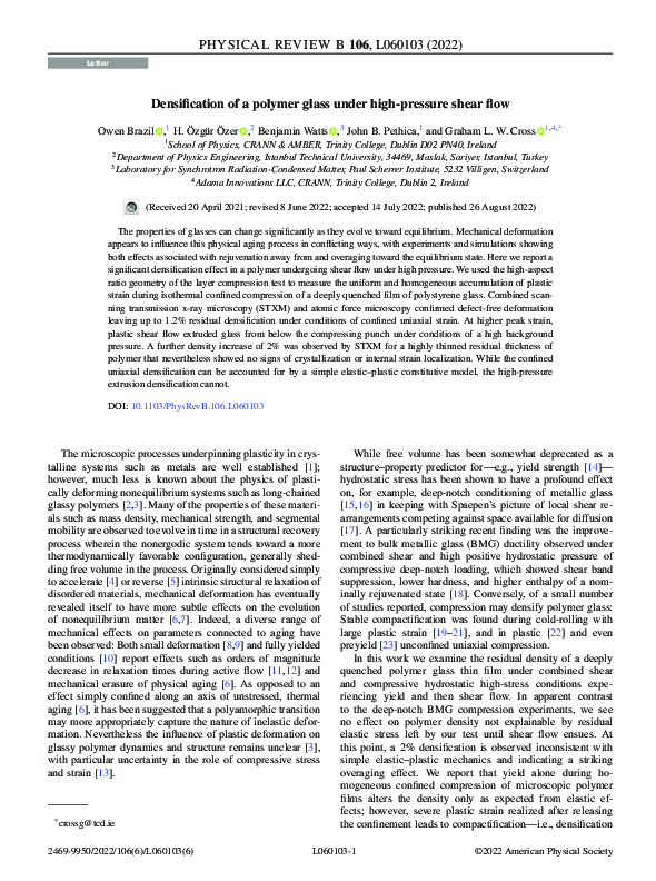 (PDF) Densification of a polymer glass under high-pressure shear flow