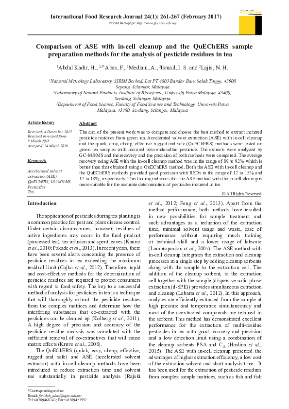(PDF) Comparison of ASE with in-cell cleanup and the QuEChERS sample preparation methods for the ...
