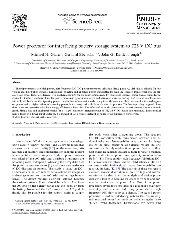 (PDF) Power processor for interfacing battery storage system to 725V DC bus