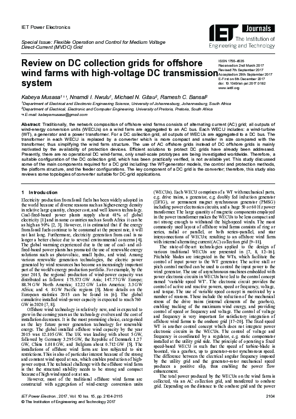 Pdf Review On Dc Collection Grids For Offshore Wind Farms With High‐voltage Dc Transmission System