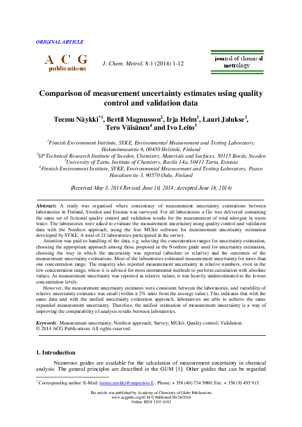(PDF) Comparison of measurement uncertainty estimates using quality ...
