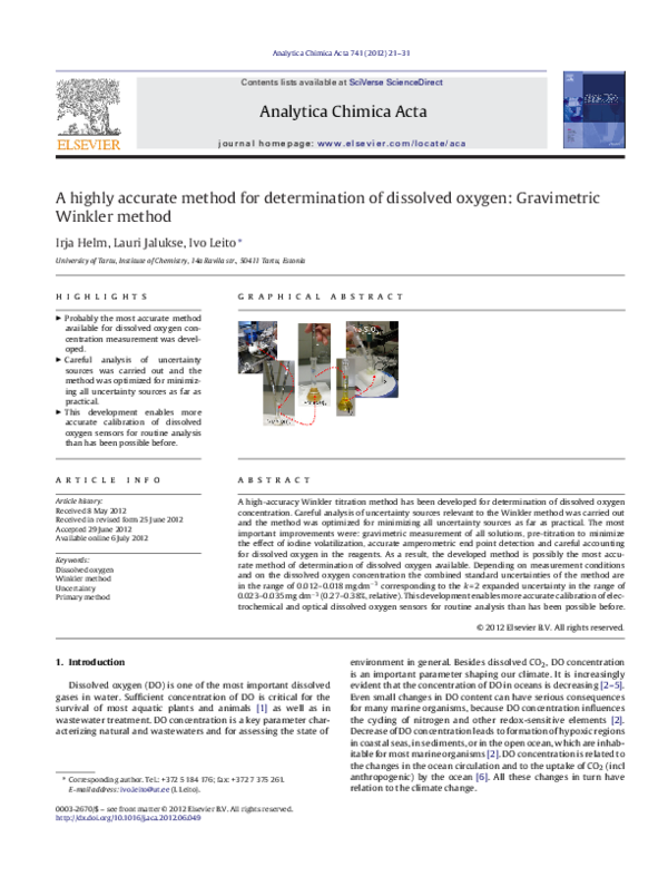 (PDF) A highly accurate method for determination of dissolved oxygen ...