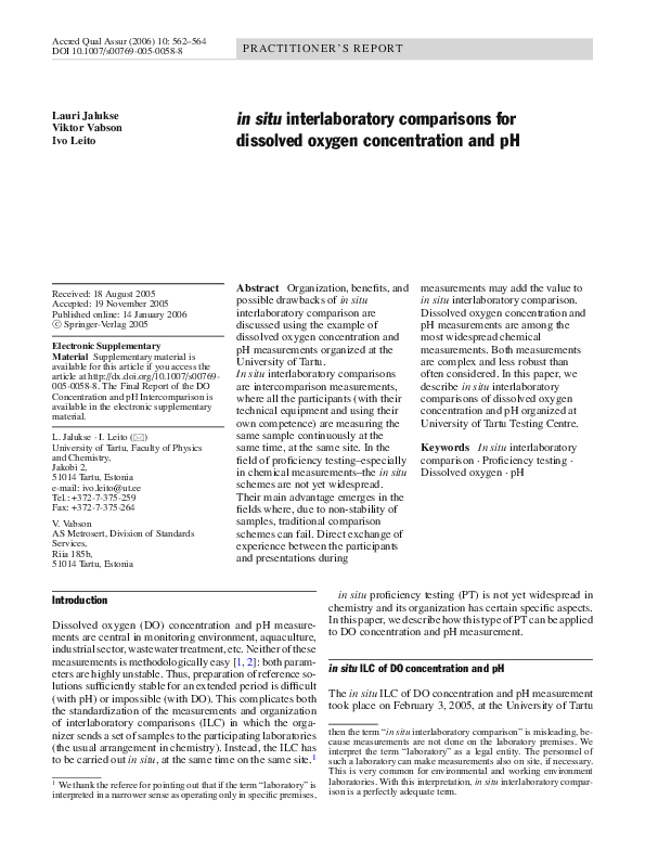 (PDF) in situ interlaboratory comparisons for dissolved oxygen concentration and pH