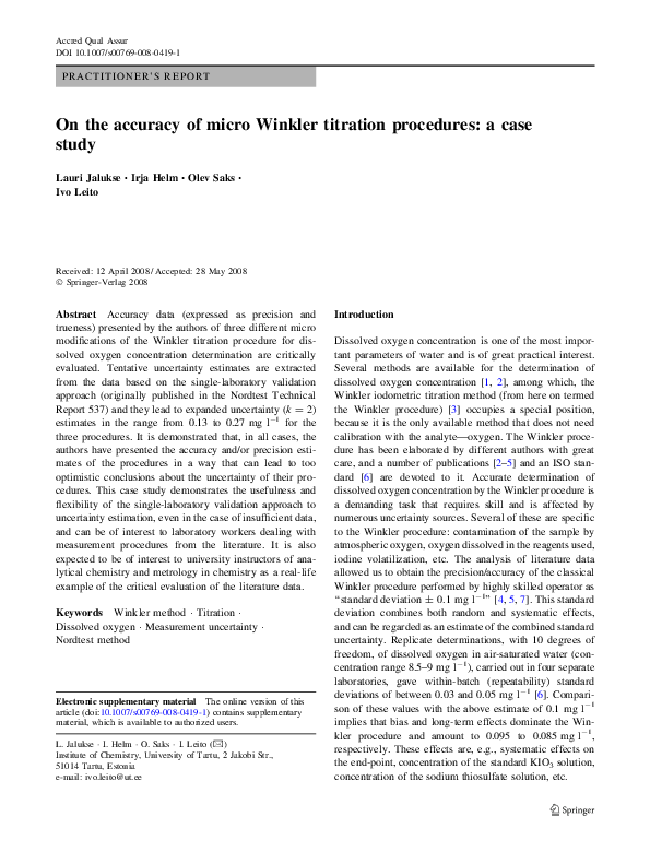 (PDF) On the accuracy of micro Winkler titration procedures: a case study