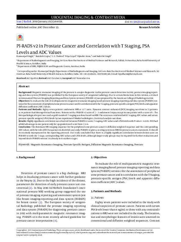 (PDF) PI-RADS v2 in Prostate Cancer and Correlation with T Staging, PSA Levels and ADC Values