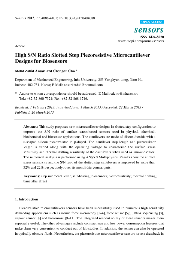 (PDF) High S/N Ratio Slotted Step Piezoresistive Microcantilever Designs for Biosensors