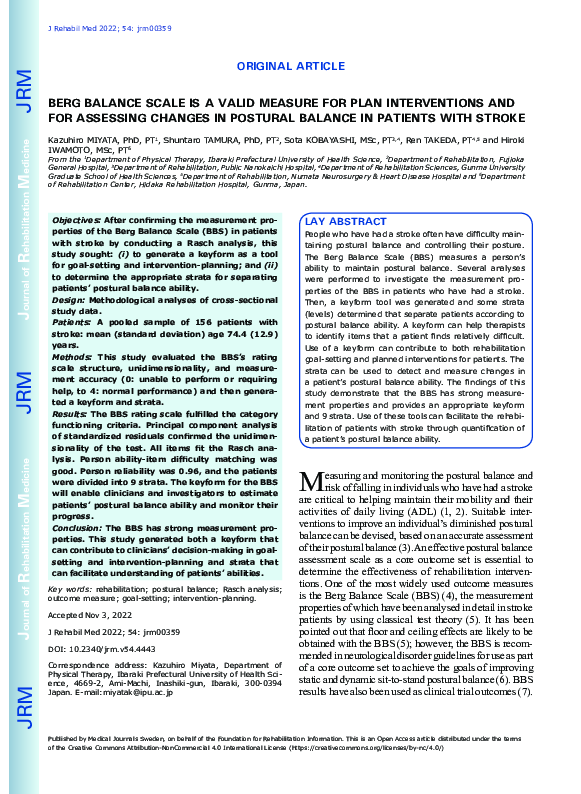 (PDF) Berg Balance Scale is a Valid Measure for Plan Interventions and ...