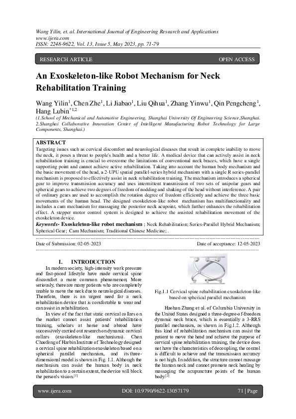 (PDF) An Exoskeleton-like Robot Mechanism for Neck Rehabilitation Training