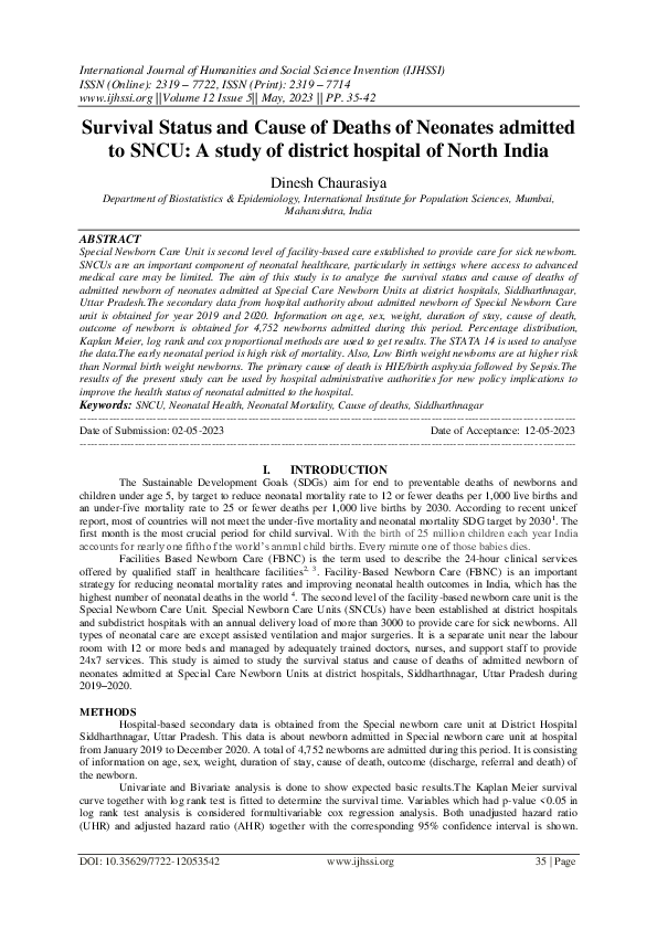 (PDF) Survival Status and Cause of Deaths of Neonates admitted to SNCU ...