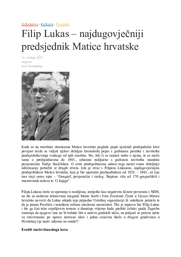 (DOC) Filip Lukas – najdugovječniji predsjednik Matice hrvatske | Ivan ...