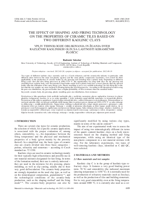 (PDF) R. Sokolar: The Effect of Shaping and Firing Technology on the Properties ... The Effect ...