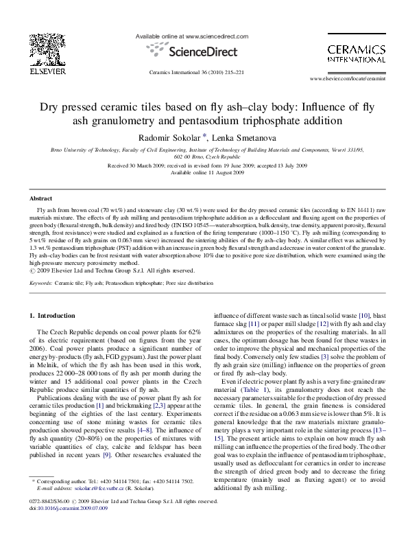 (PDF) Dry pressed ceramic tiles based on fly ash–clay body: Influence ...
