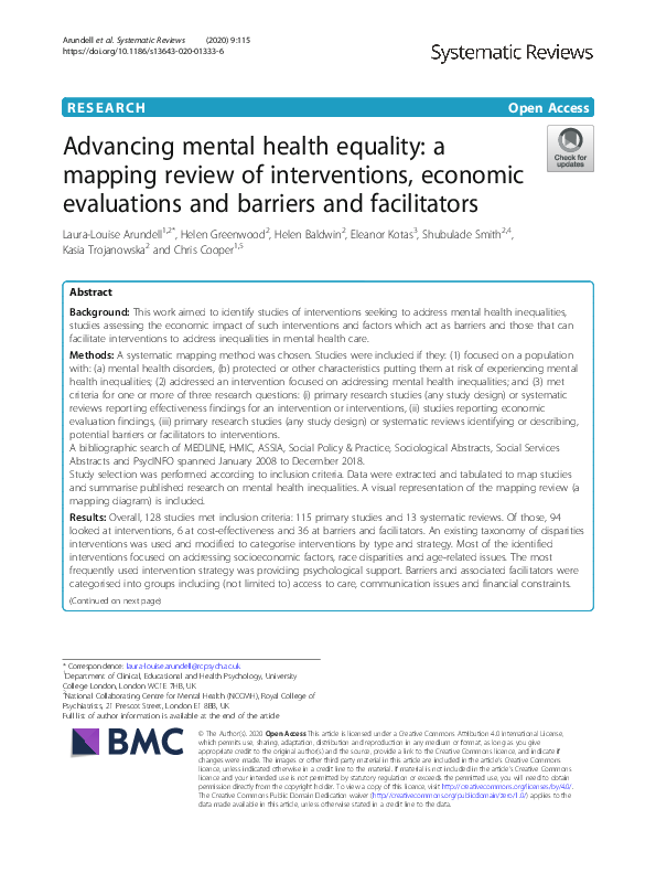 (PDF) Advancing mental health equality: a mapping review of interventions, economic evaluations ...