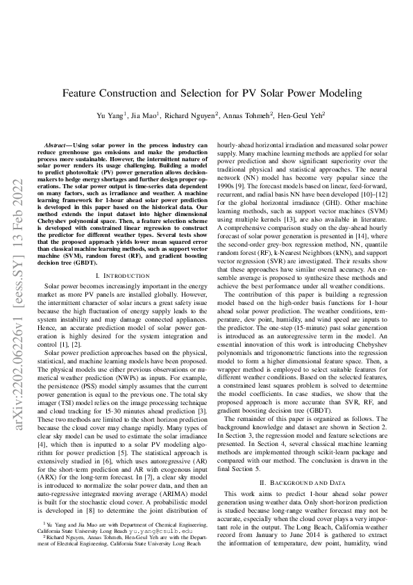 (PDF) Feature Construction and Selection for PV Solar Power Modeling
