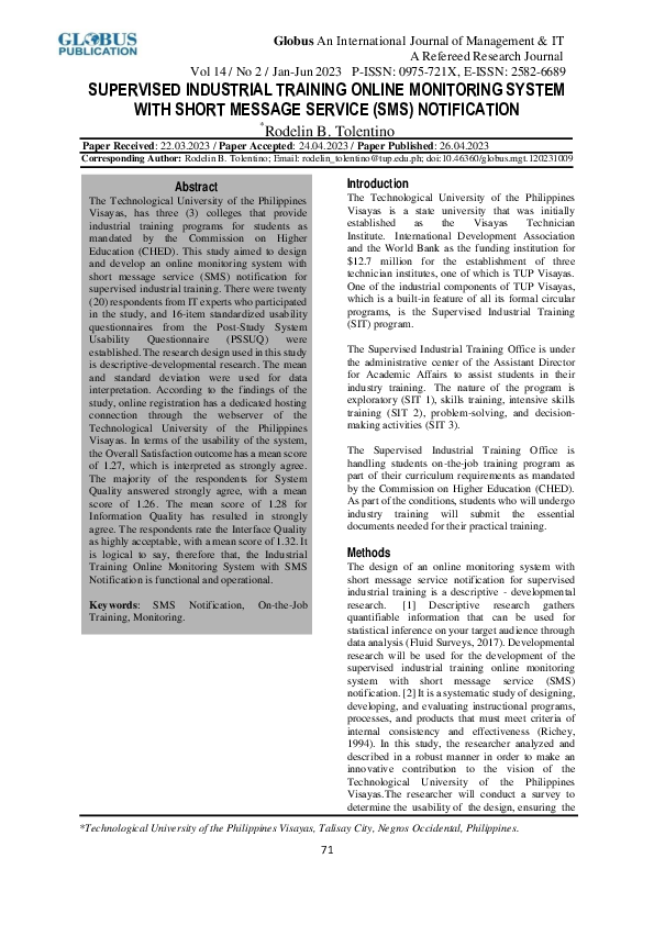 (PDF) SUPERVISED INDUSTRIAL TRAINING ONLINE MONITORING SYSTEM WITH ...