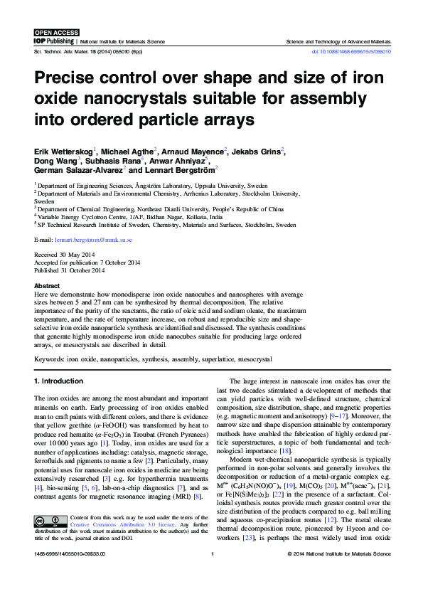 (PDF) Precise control over shape and size of iron oxide nanocrystals suitable for assembly into ...