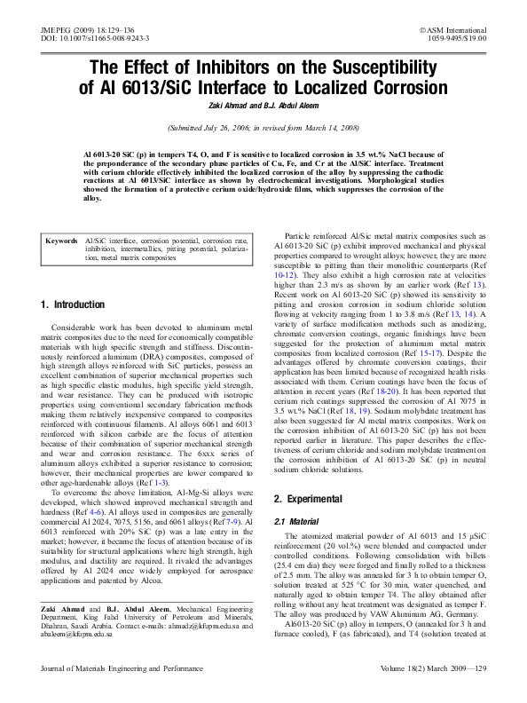 (PDF) The Effect of Inhibitors on the Susceptibility of Al 6013/SiC ...