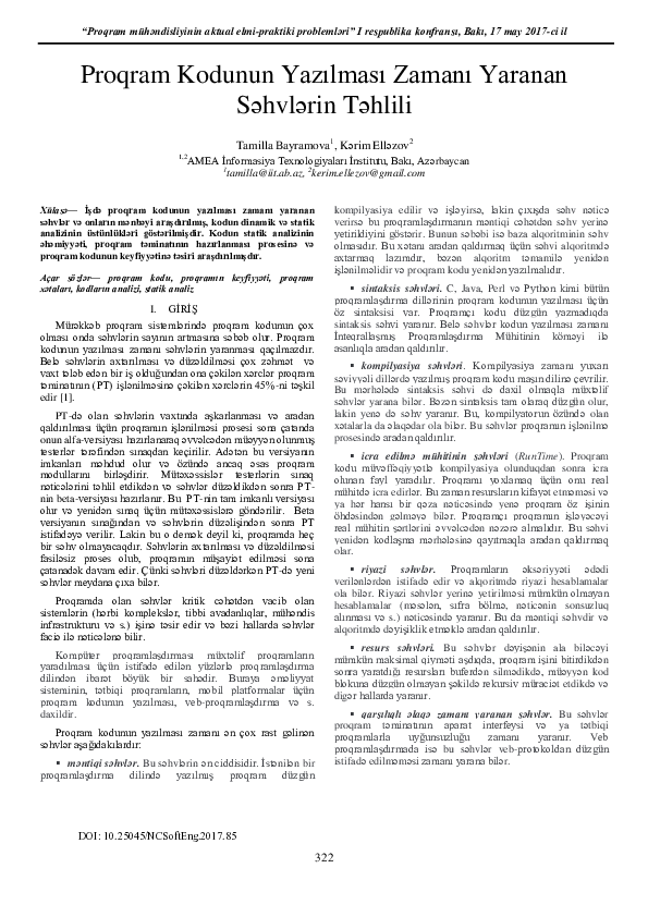 (PDF) Proqram kodunun yazılması zamanı yaranan səhvlərin təhlili