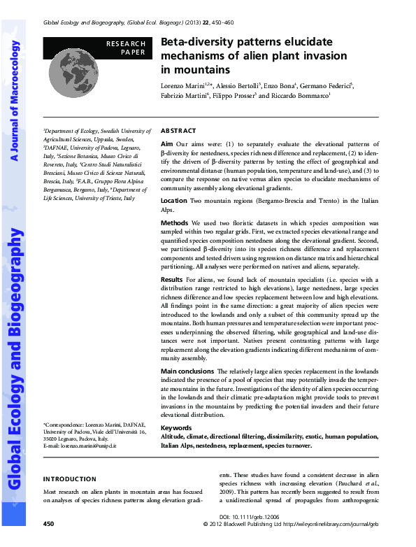 (PDF) Beta-diversity patterns elucidate mechanisms of alien plant invasion in mountains