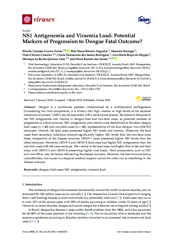 (PDF) NS1 Antigenemia and Viraemia Load: Potential Markers of Progression to Dengue Fatal Outcome?