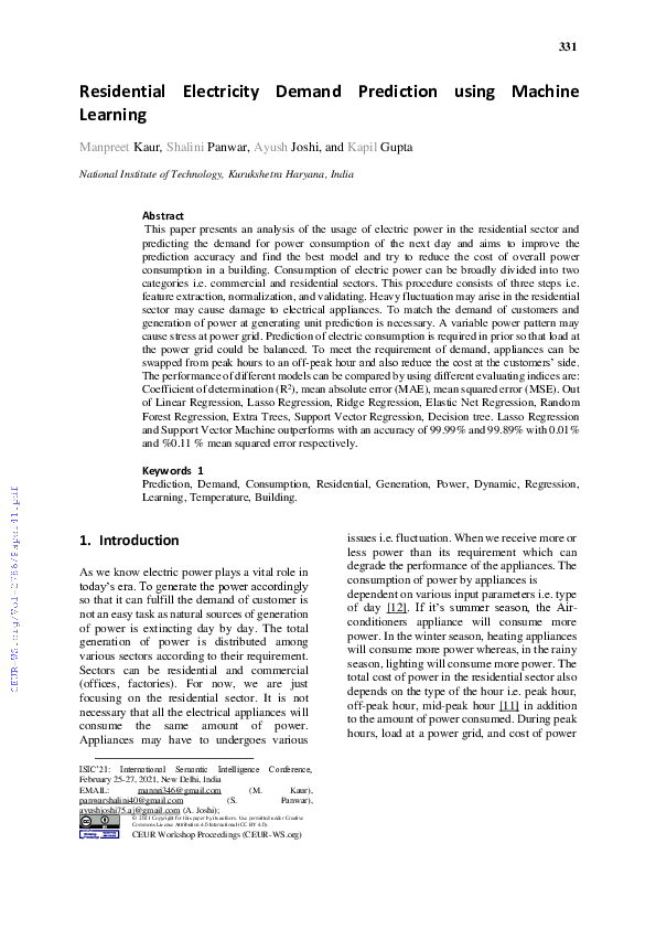 (PDF) Residential Electricity Demand Prediction using Machine Learning
