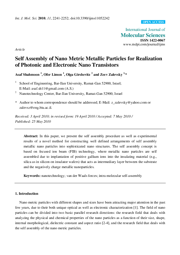 (PDF) Self assembly of nano metric metallic particles for realization ...