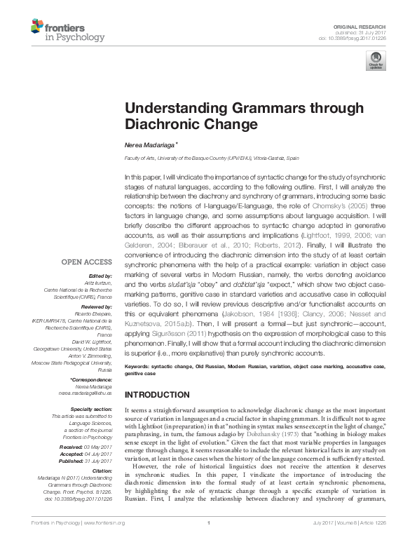 (PDF) Understanding Grammars through Diachronic Change